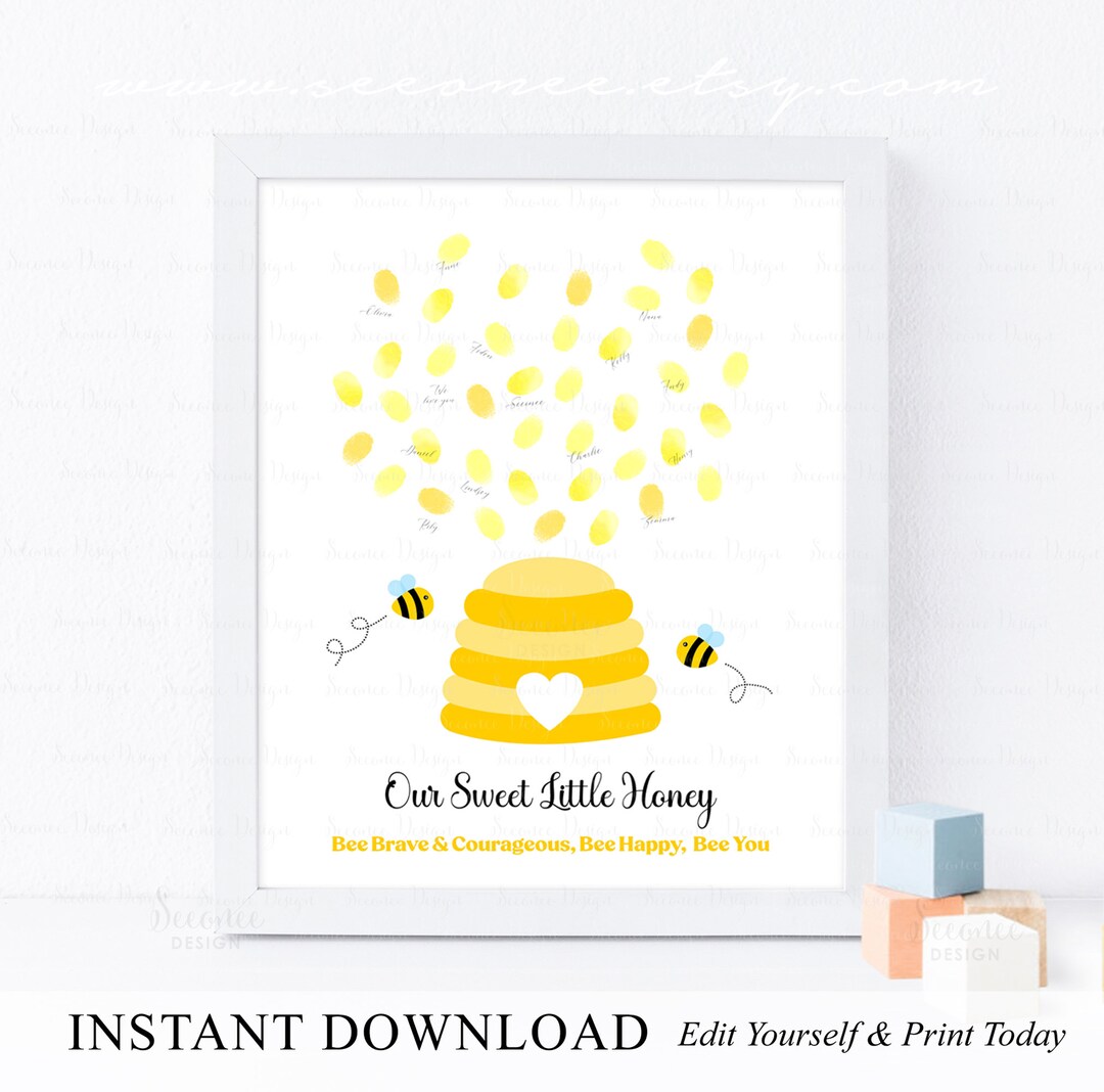 Honey Bee Fingerprint Guestbook Printable, Editable Beehive Thumbprint ...