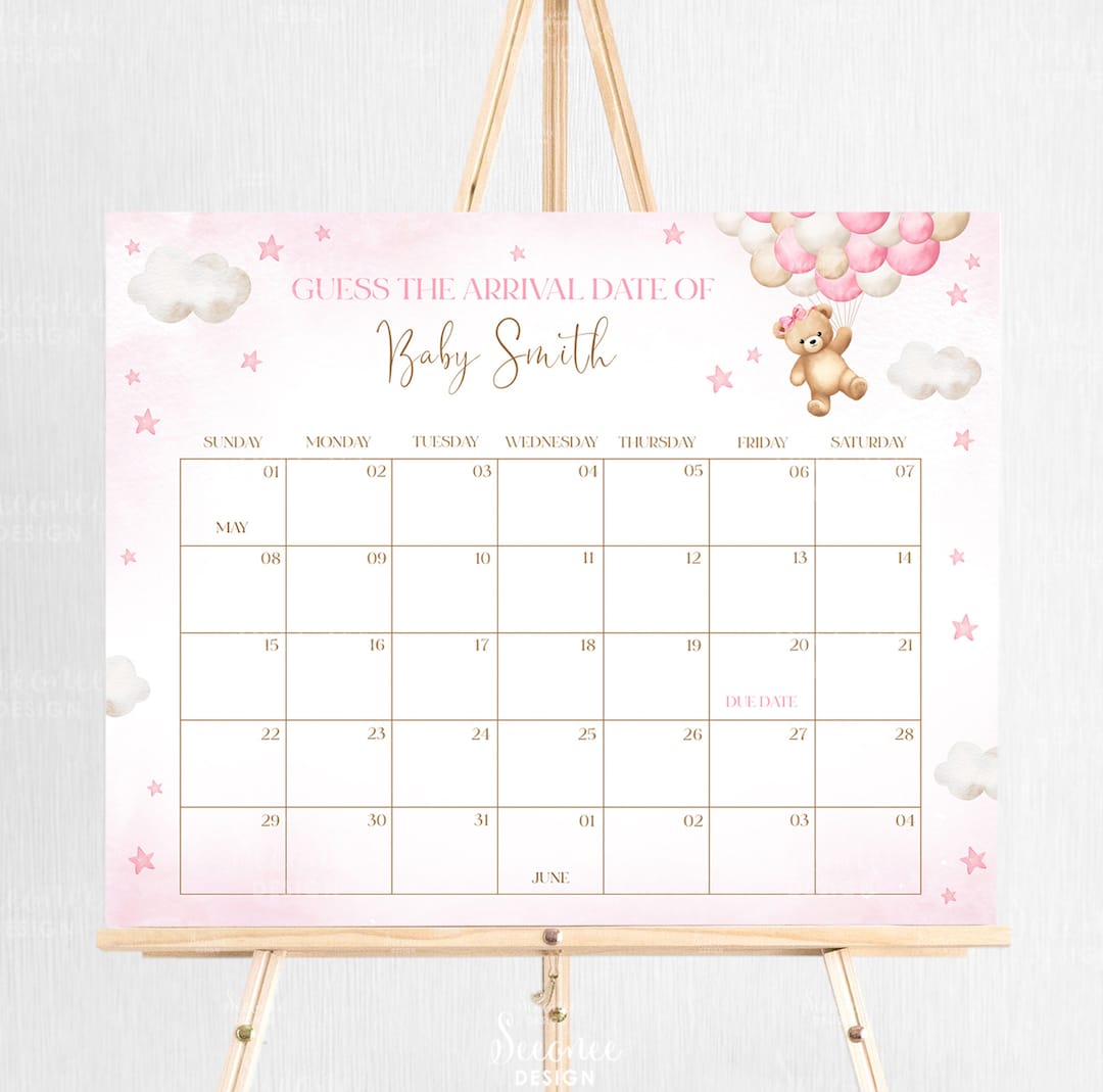 Editable Baby Shower Pink Teddy Bear Arrival Date Calendar Game, Baby ...