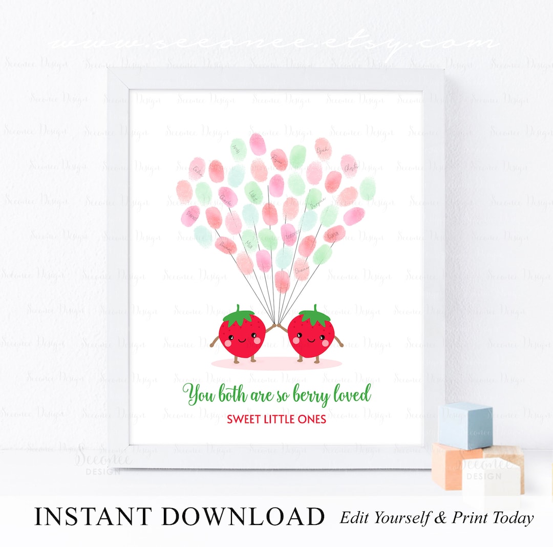 Editable Twin Strawberry Birthday Party Fingerprint Guestbook Sign Art ...