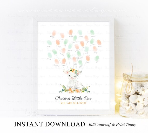 INSTANT DOWNLOAD Editable Flower Lamb Fingerprint Guestbook | Etsy