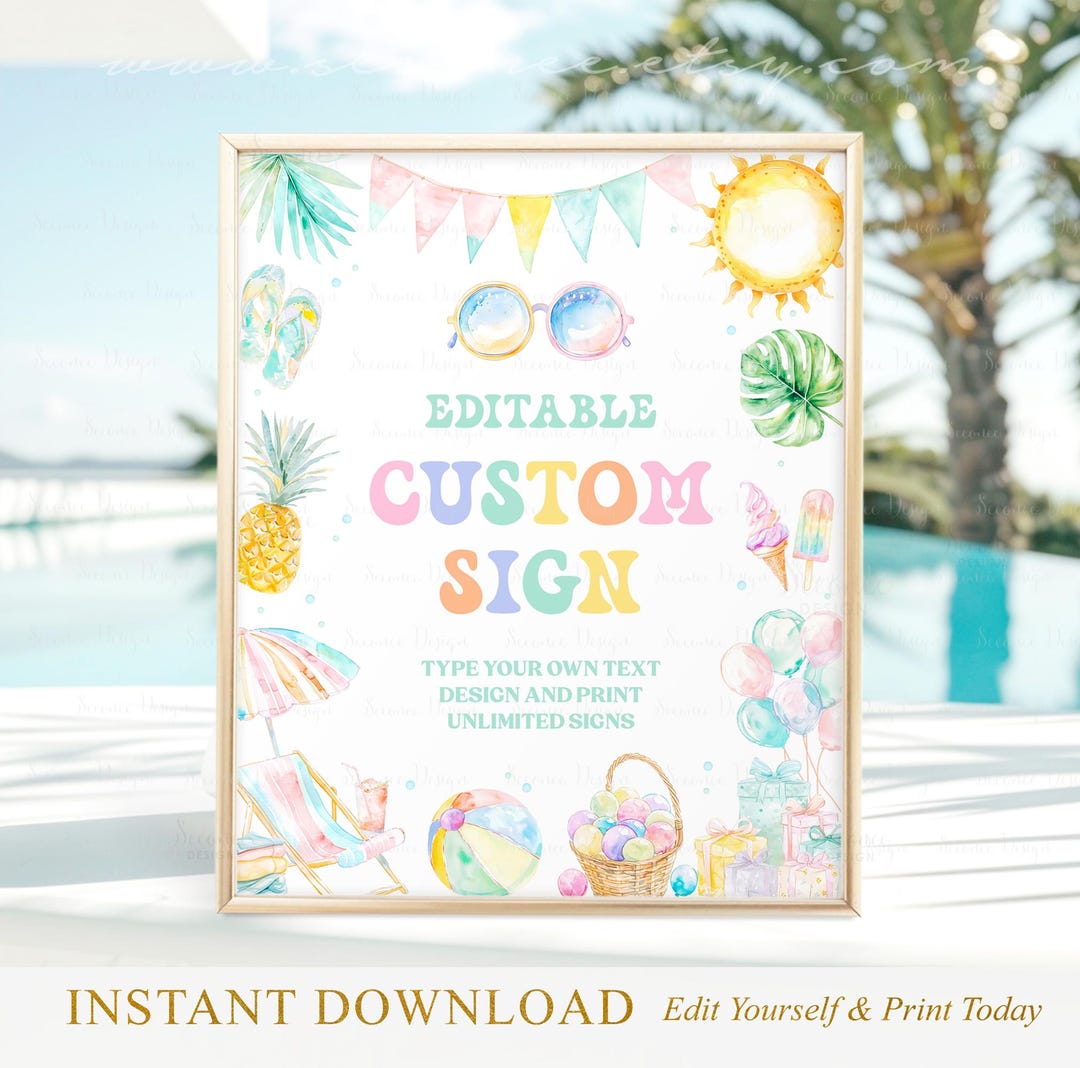 Editable Pool Party Custom Sign Tropical Splish Splash Pool Party Bash ...