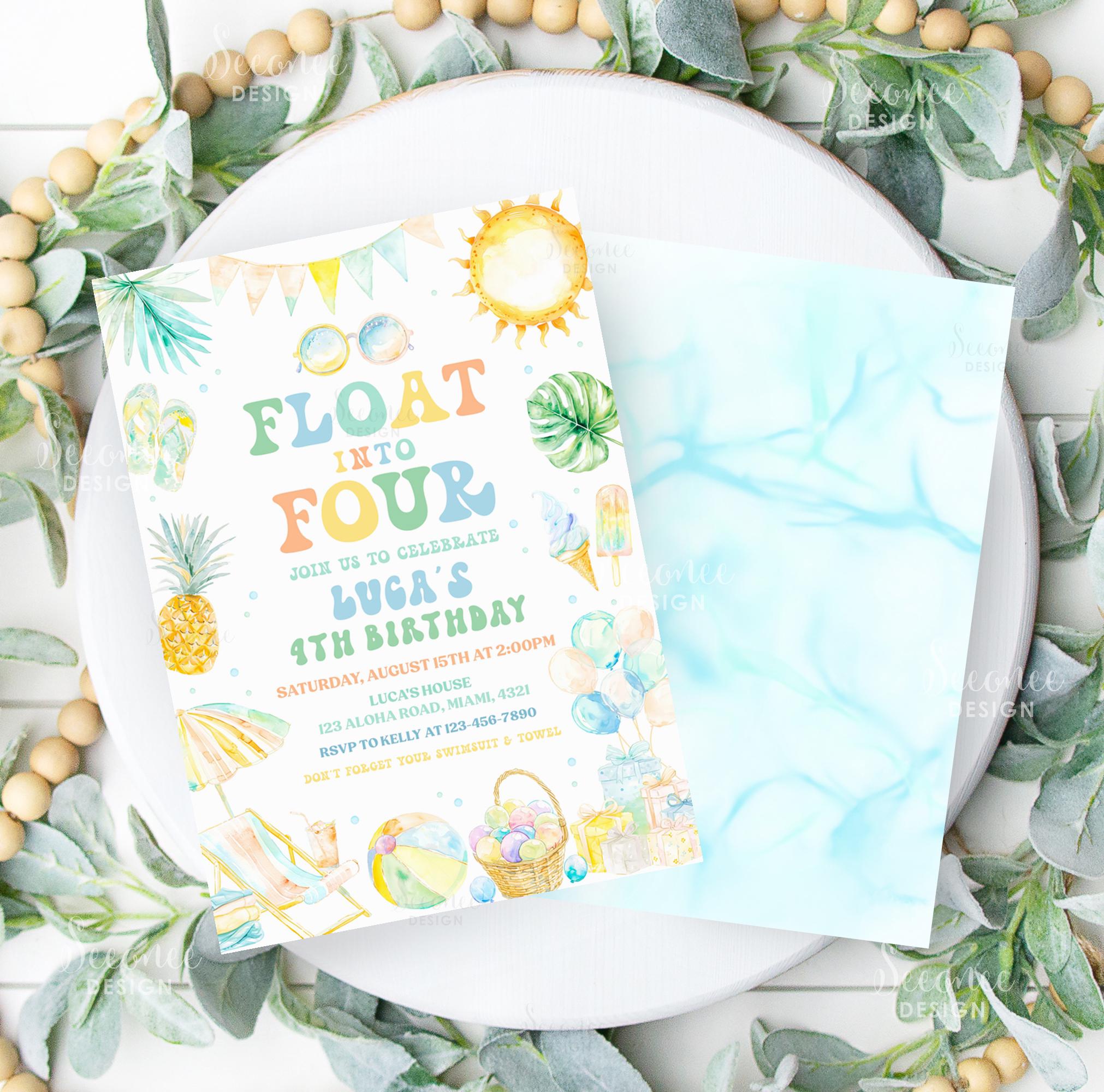Editable Float Into Four 4th Birthday Pool Party Invitation Tropical ...