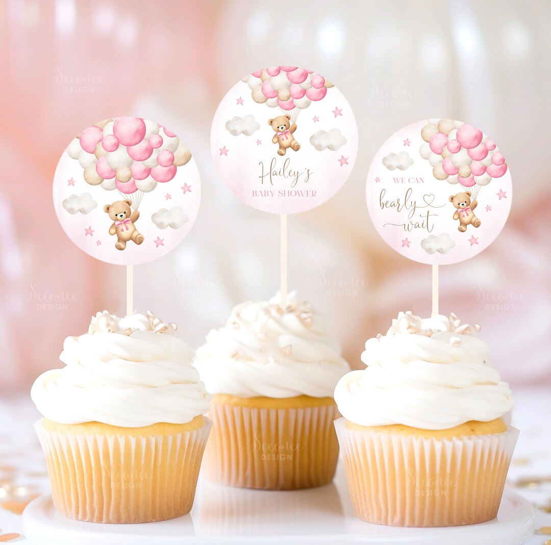 Editable Pink Teddy Bear Baby Shower Cupcake Topper, Pink Baby Girl ...