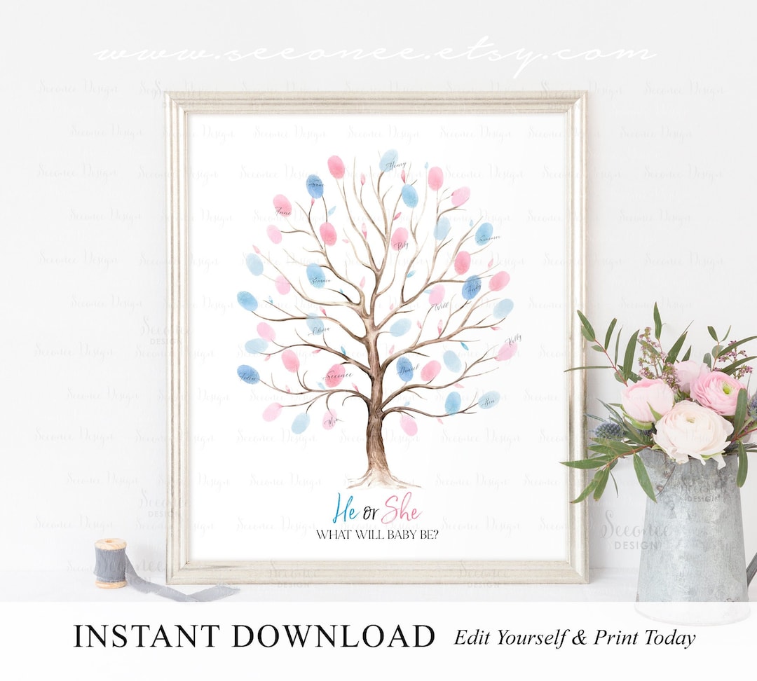 INSTANT DOWNLOAD Editable Gender Reveal Fingerprint Tree - Etsy