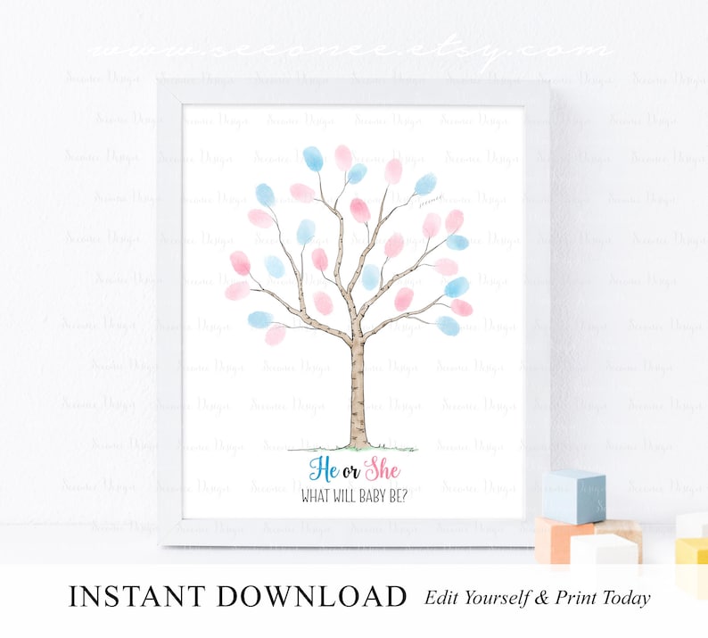 INSTANT DOWNLOAD Editable Gender Reveal Fingerprint Tree Guestbook, He ...