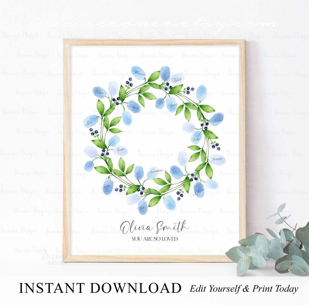 Editable Blueberry Party Fingerprint Guestbook Sign, Blueberry Wreath ...