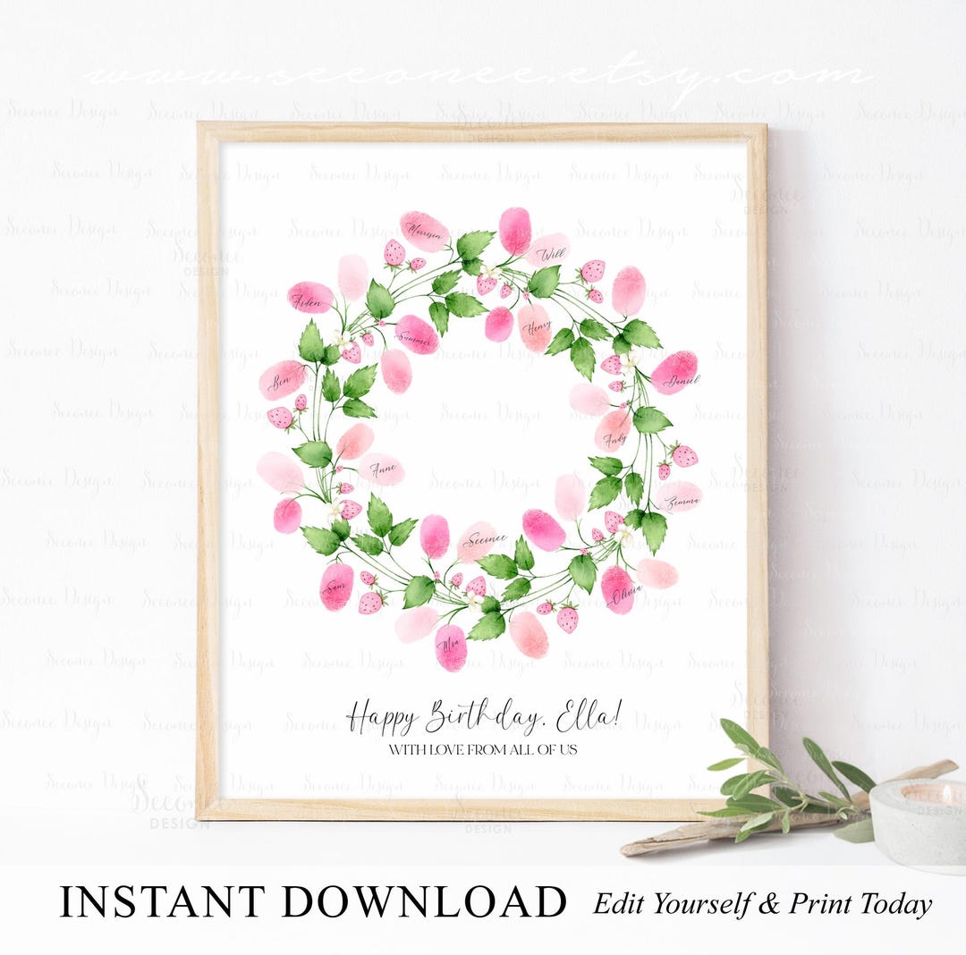 INSTANT DOWNLOAD Editable Strawberry Birthday Fingerprint Art Gift ...
