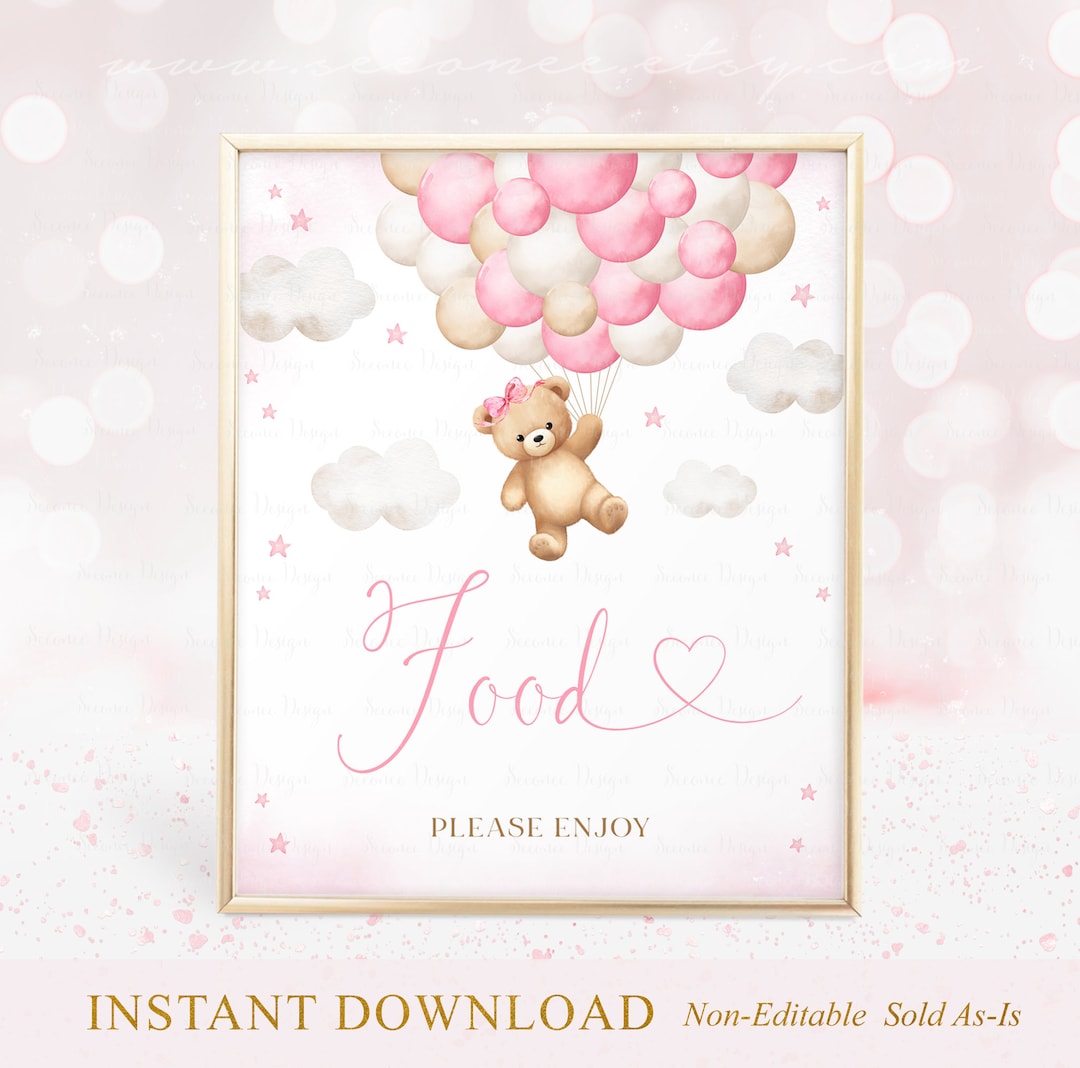 Pink Bear Balloons Baby Shower Food Sign, We Can Bearly Wait Teddy Bear ...