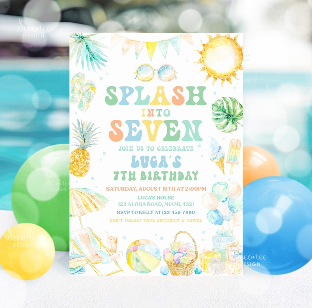 Editable Splash Into Seven 7th Birthday Pool Party Invitation Summer ...