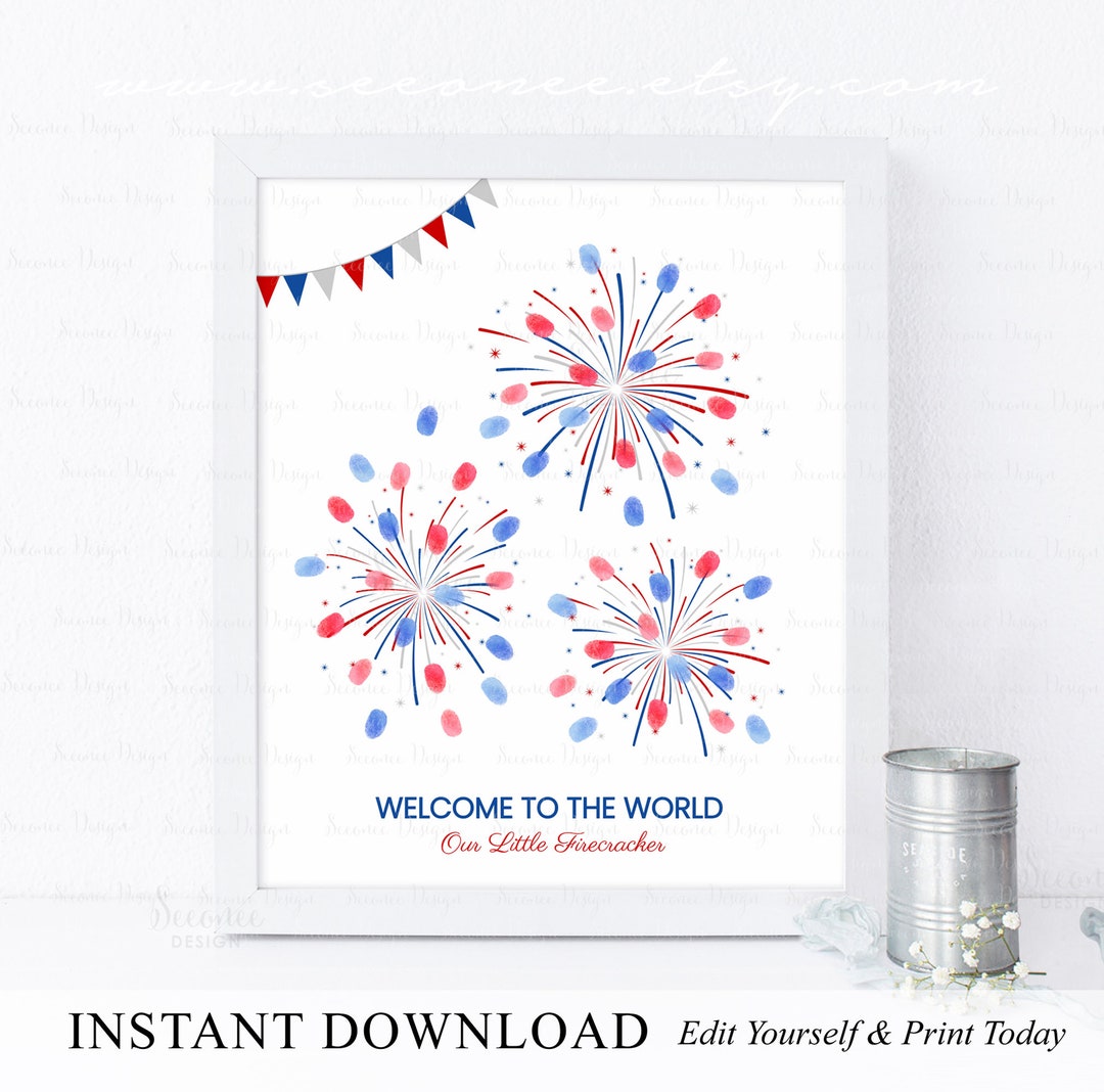 INSTANT DOWNLOAD Editable Red Blue Fireworks Baby Shower Fingerprint ...