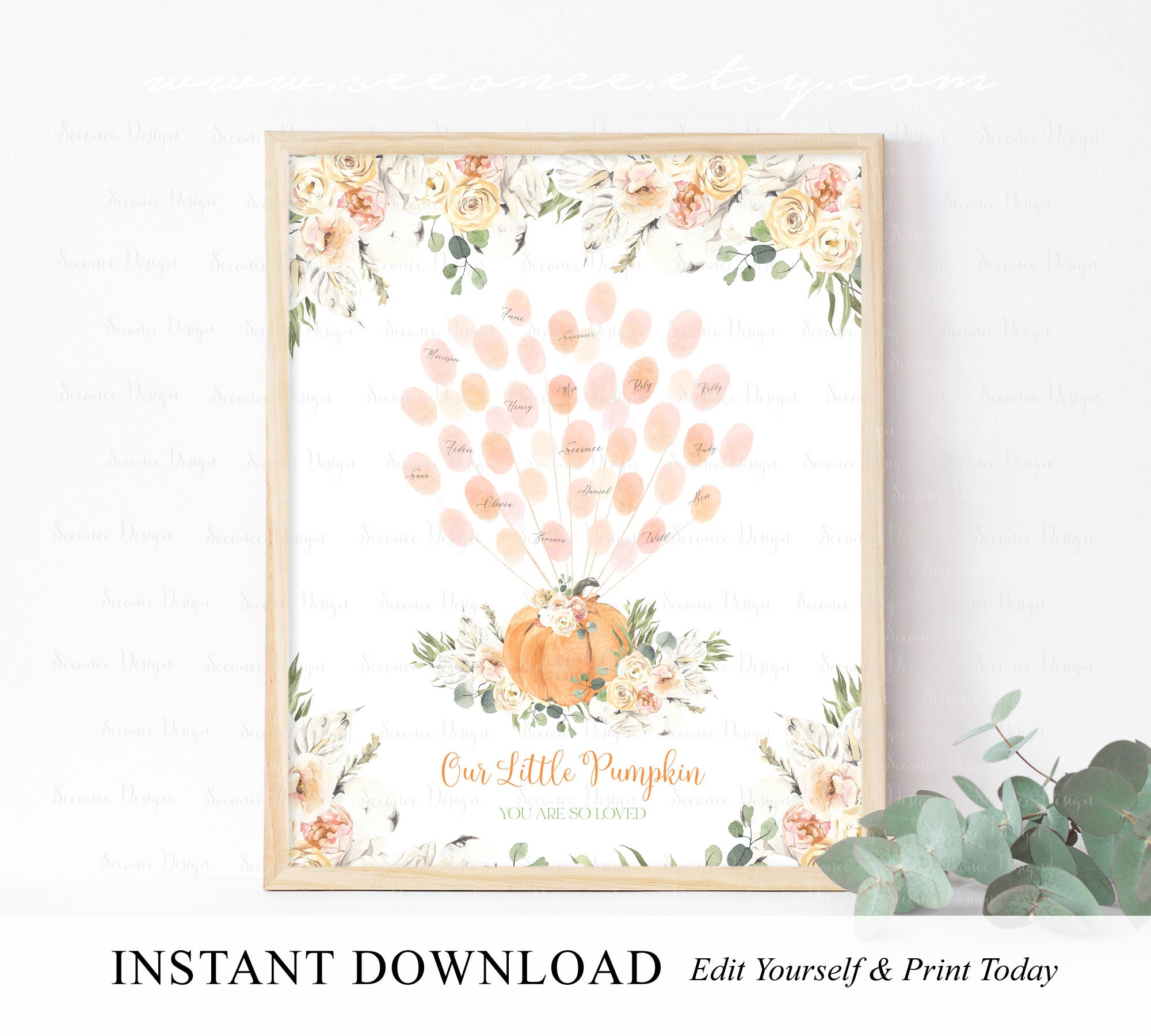 INSTANT DOWNLOAD Editable Floral Little Pumpkin Baby Shower Fingerprint ...