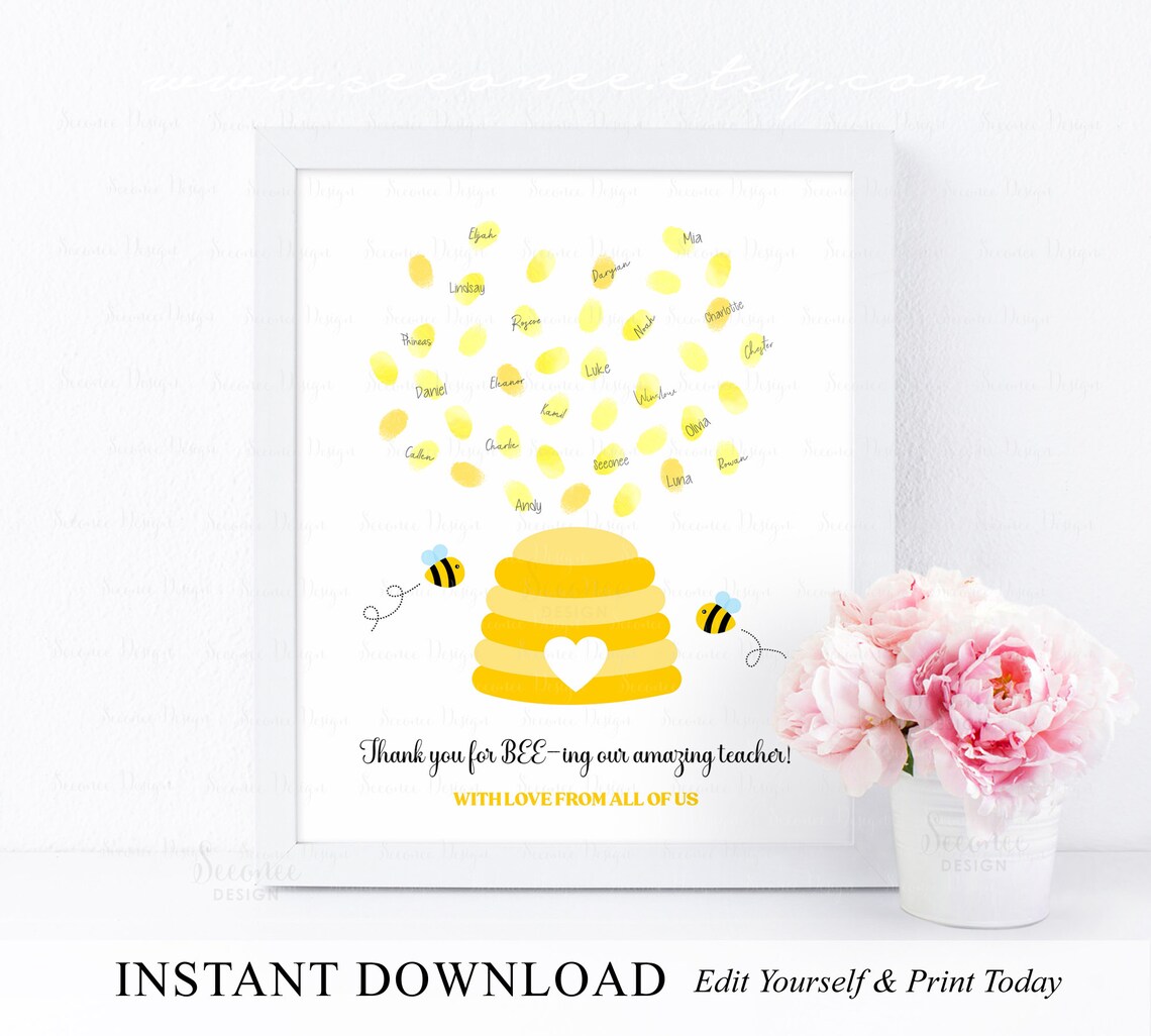 Editable Bee Fingerprint Art Teacher Appreciation Gift Ideas, Thank You ...