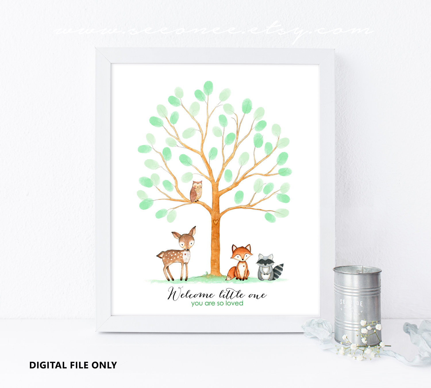 Woodland animals fingerprint tree guestbook alternative | Etsy