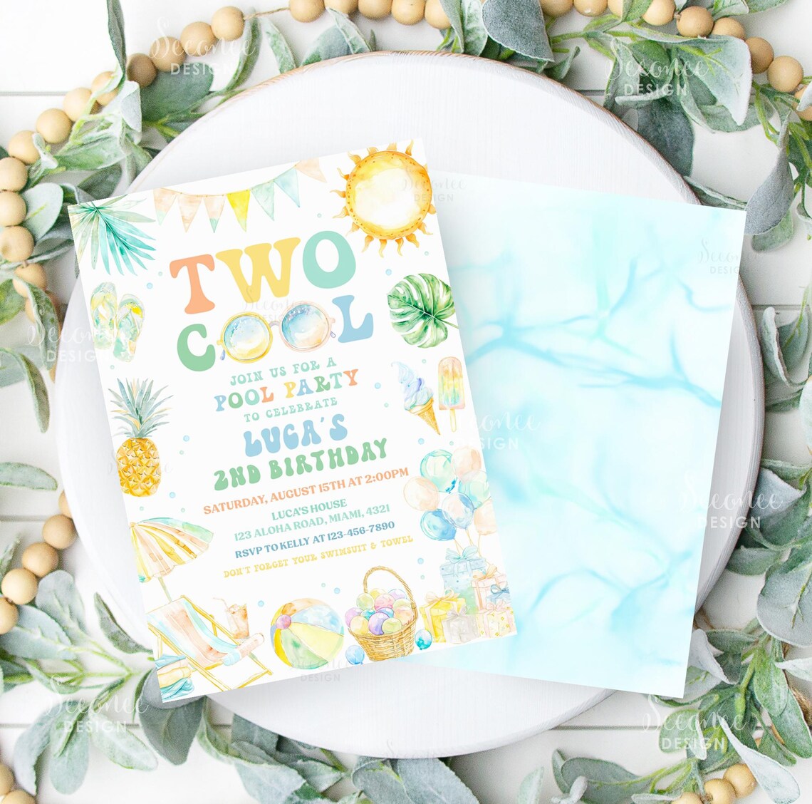 Editable Two Cool Birthday Party Invitation Tropical Splish Splash ...