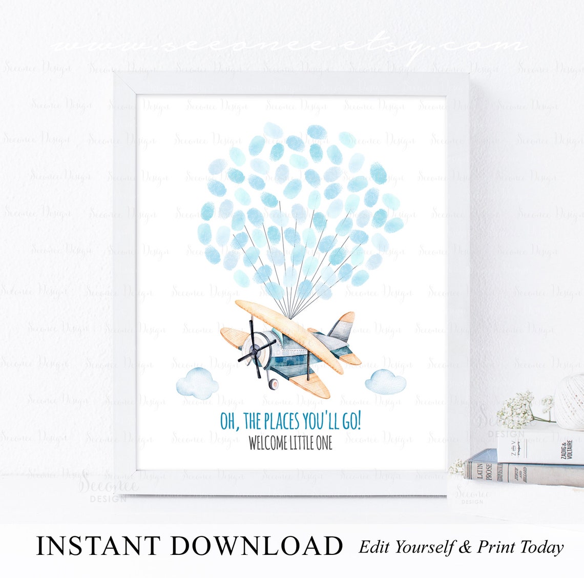 INSTANT DOWNLOAD Editable Oh Boy Airplane Baby Shower Fingerprint ...