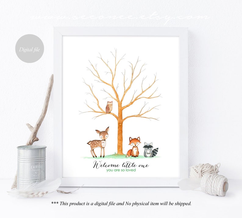 Woodland Animals Fingerprint Tree Guestbook Alternative, Forest Animal ...