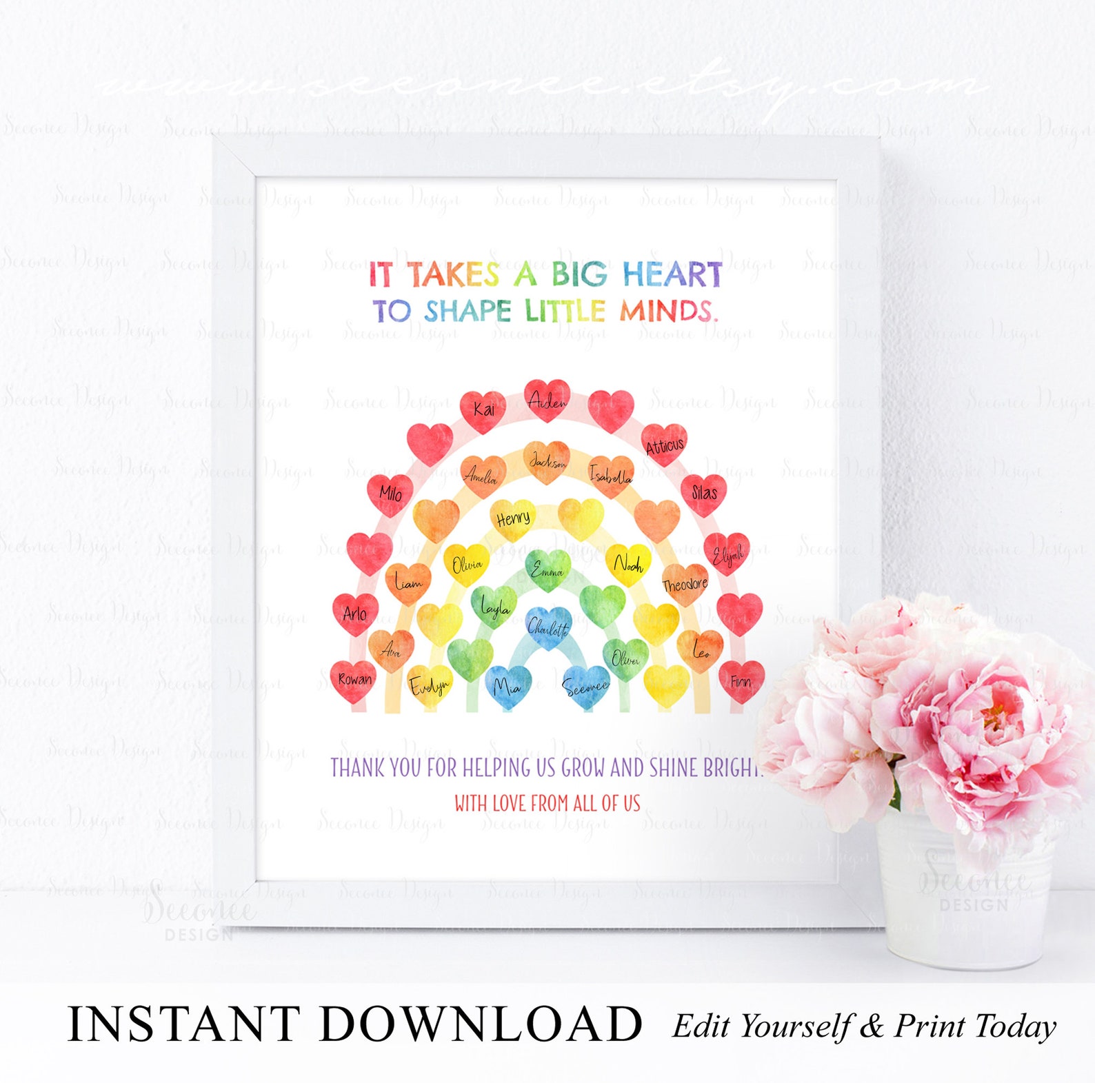 INSTANT DOWNLOAD Editable Rainbow Heart Teacher Appreciation Gift ...