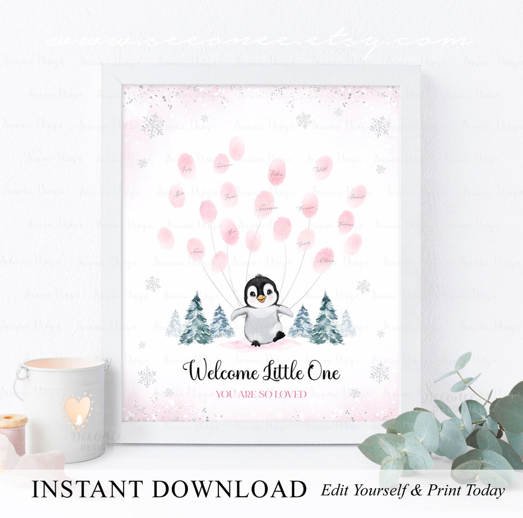 INSTANT DOWNLOAD Editable Pink Penguin Baby Shower Thumbprint Guestbook ...
