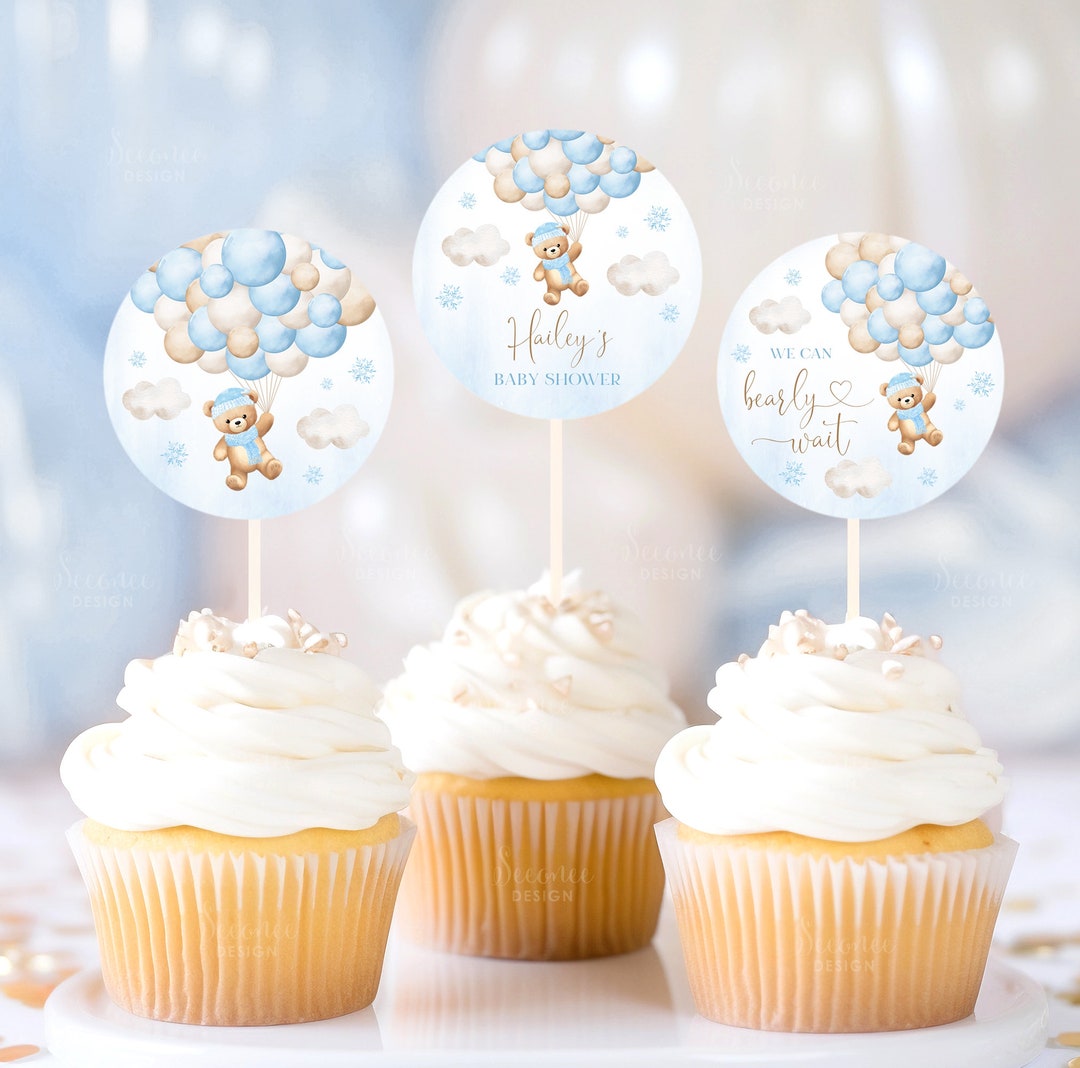 Editable Blue Teddy Bear Baby Shower Cupcake Topper, Winter Baby Boy ...