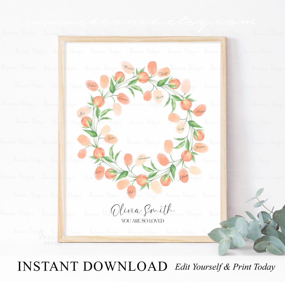 Editable Peach Party Fingerprint Guestbook Sign, Peach Wreath ...
