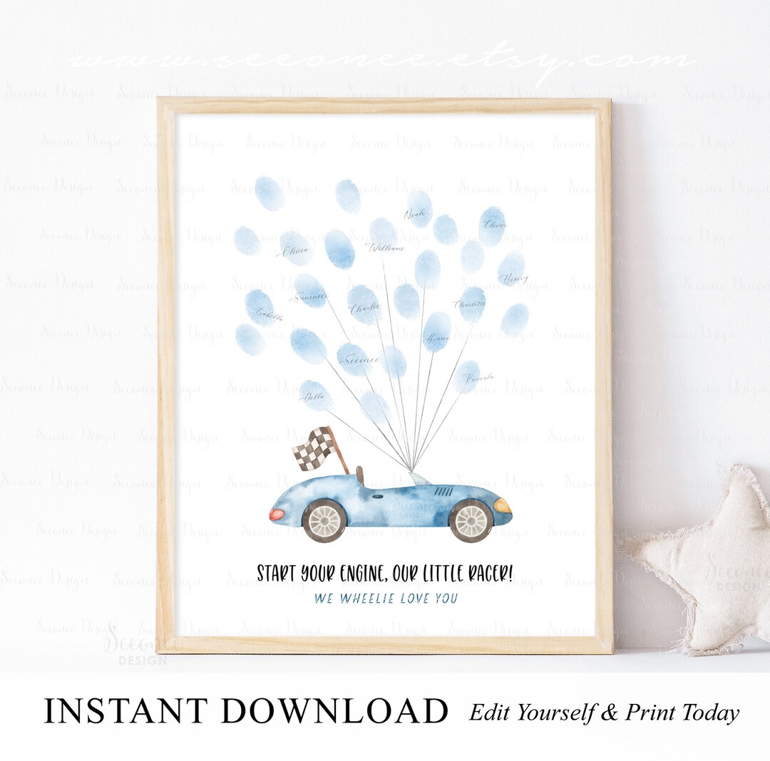 INSTANT DOWNLOAD Editable Blue Race Car Birthday Thumbprint Guestbook ...