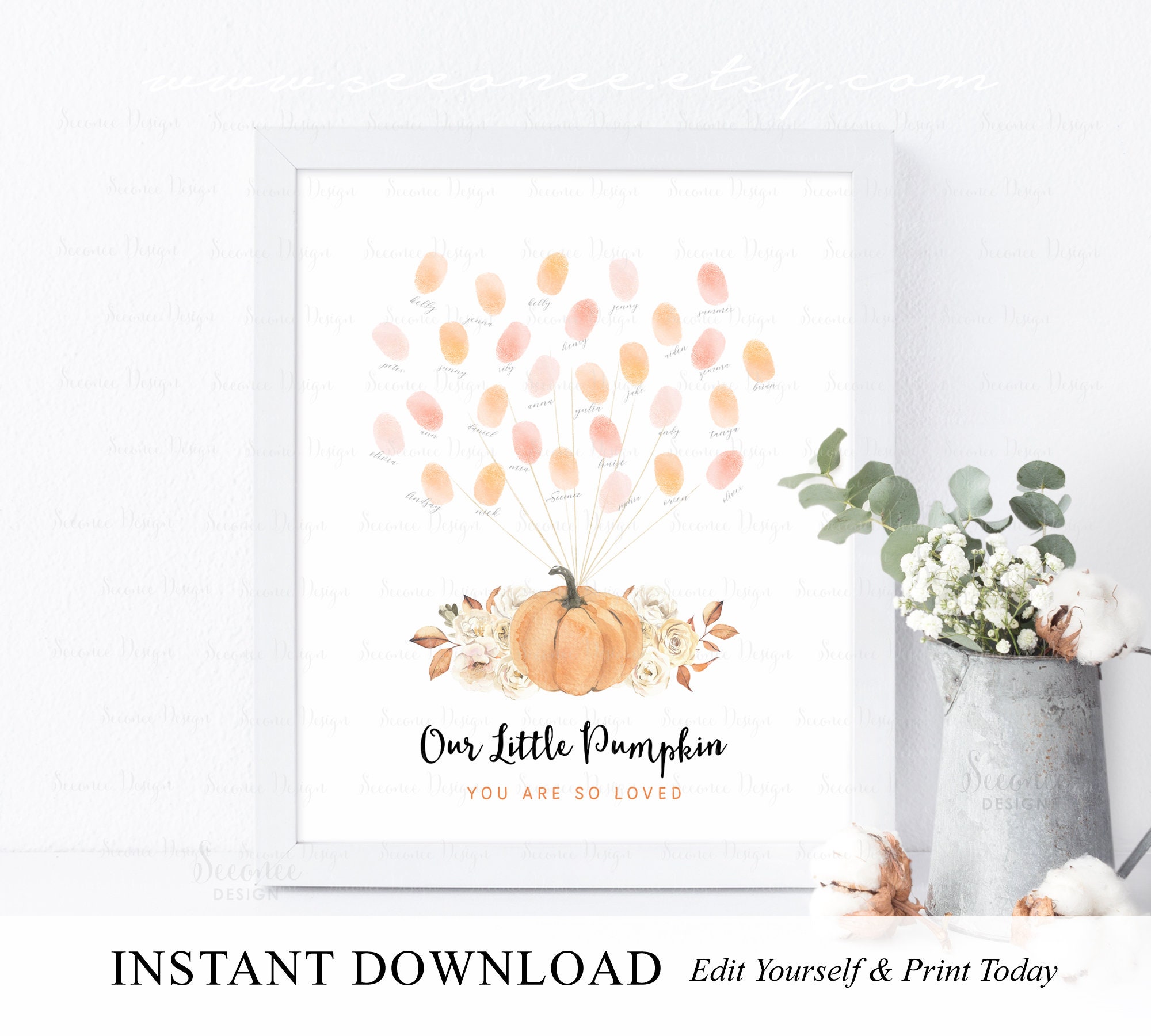 INSTANT DOWNLOAD Editable Little Pumpkin Baby Shower Fingerprint ...
