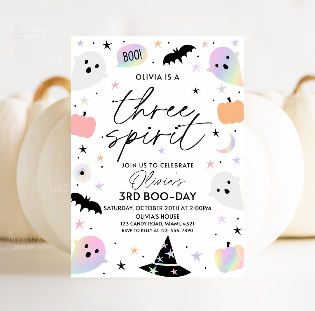 Editable Three Spirit Halloween 3rd Birthday Party Invitation, Spooky ...