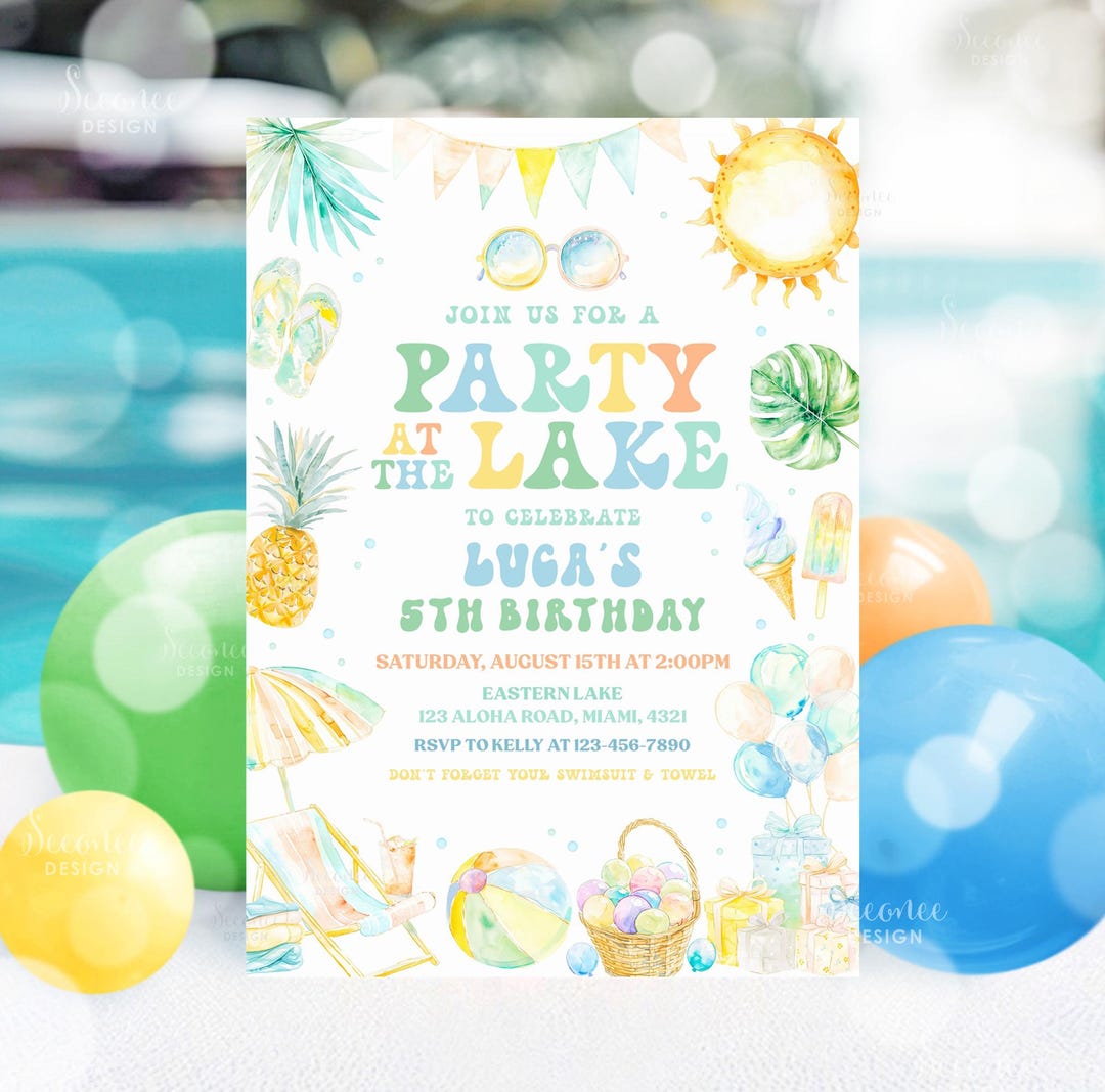 Editable Party at the Lake Birthday Invitation Tropical Splish Splash ...