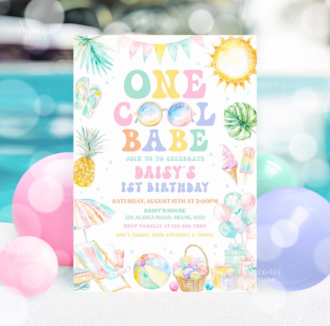 Editable One Cool Babe 1st Birthday Party Invitation Tropical Summer ...