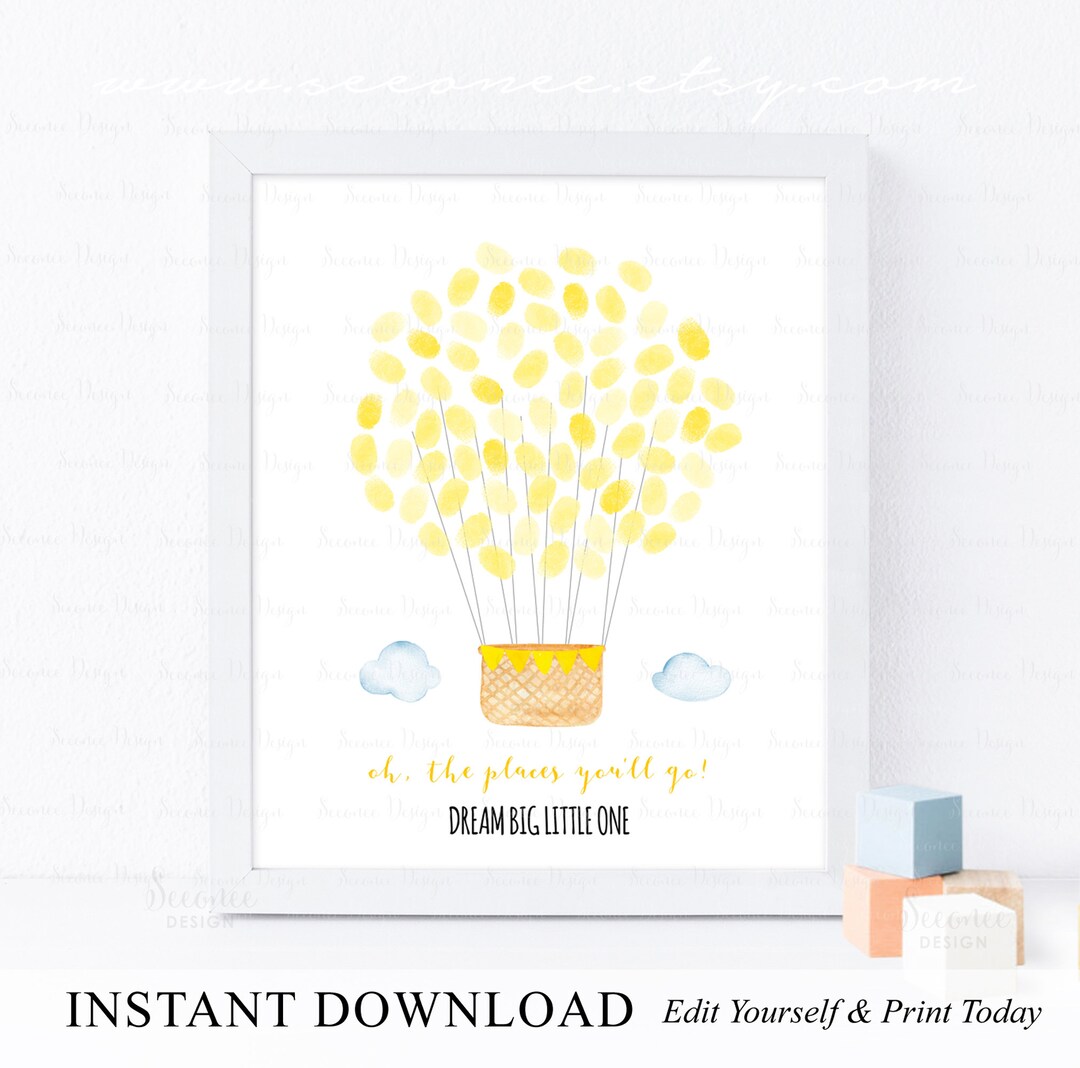 Editable Yellow Hot Air Balloon Party Fingerprint Guestbook, Oh the ...