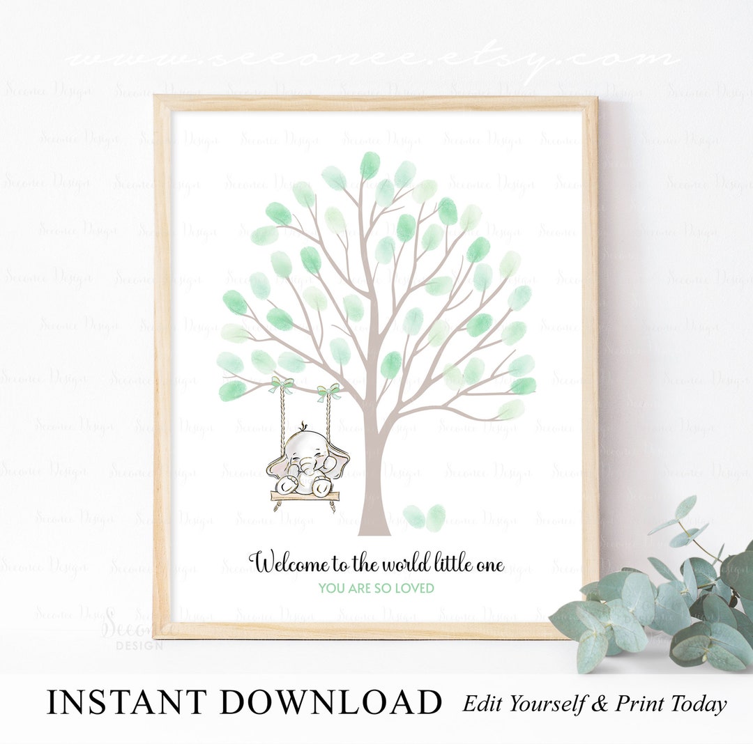 Mint Elephant Baby Shower Guestbook Sign, Instant Download Fingerprint ...