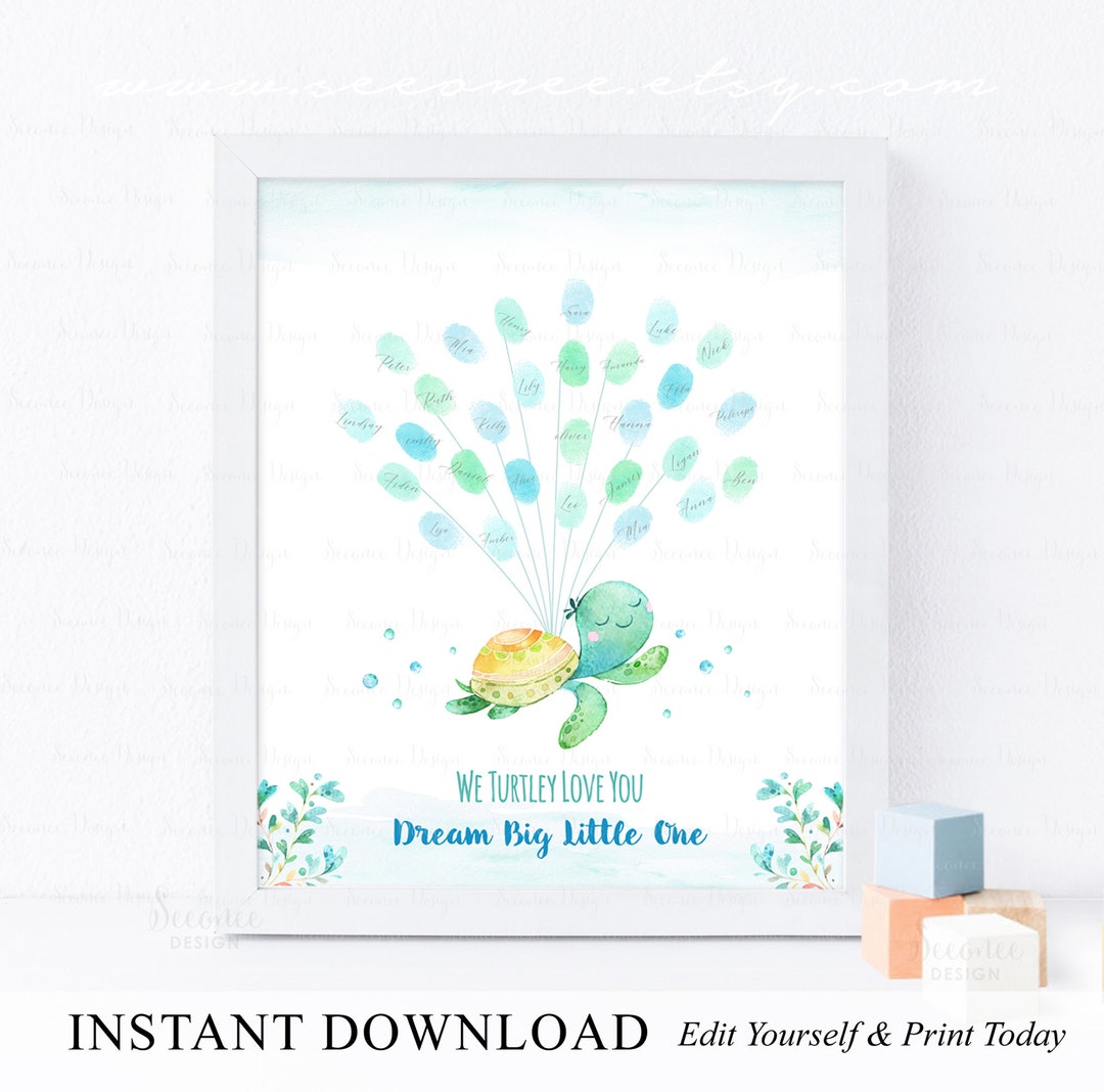 Editable Sea Turtle Birthday Fingerprint Guestbook Gift Keepsake, Ocean ...