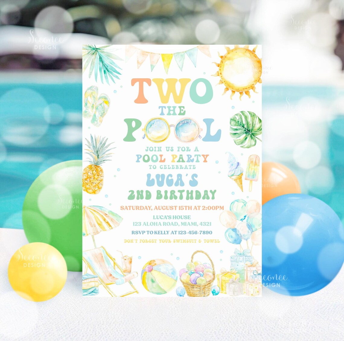 Editable Two the Pool 2nd Birthday Pool Party Invitation Tropical ...