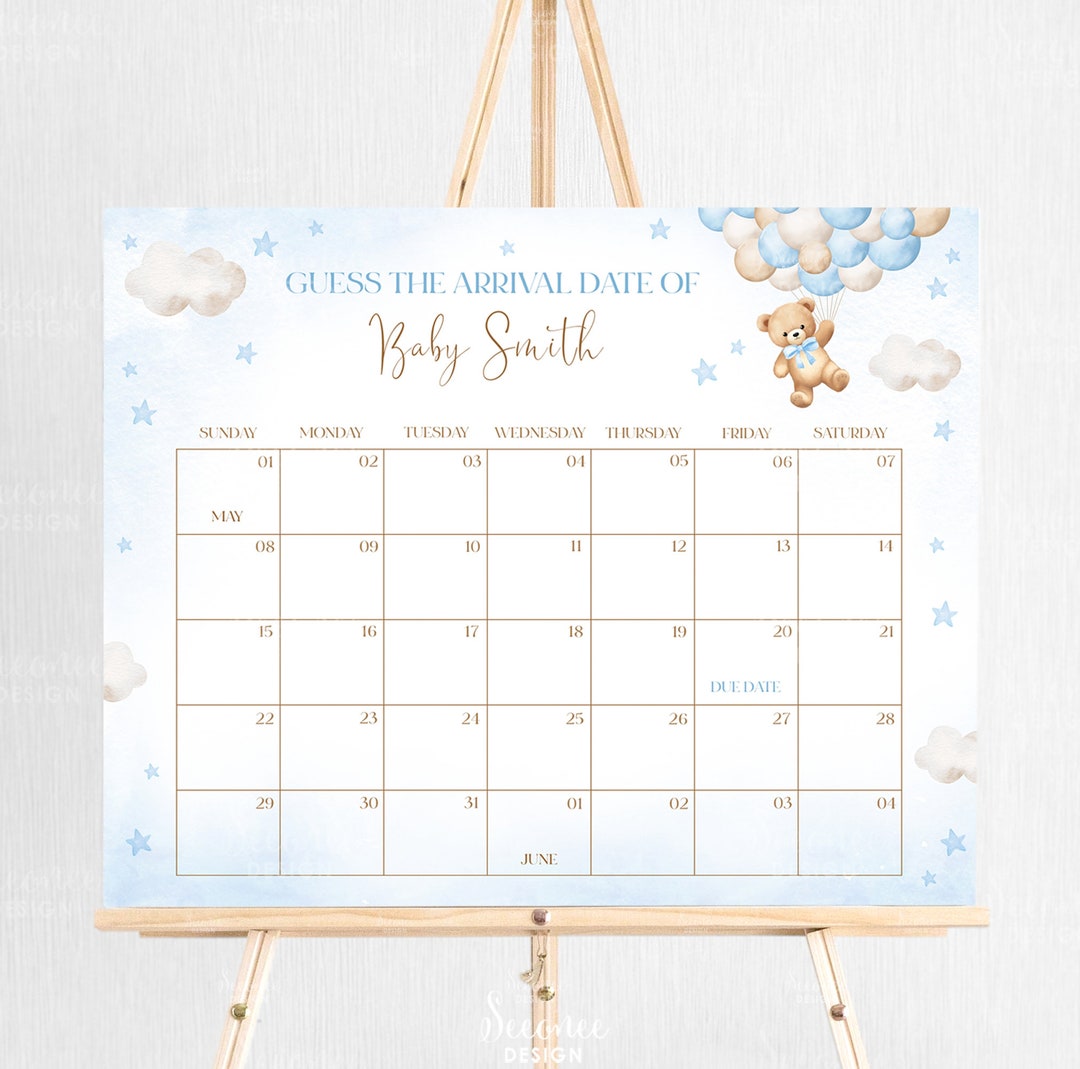 Editable Blue Bear Baby Due Date Calendar Game, Boy Teddy Bear Balloons ...