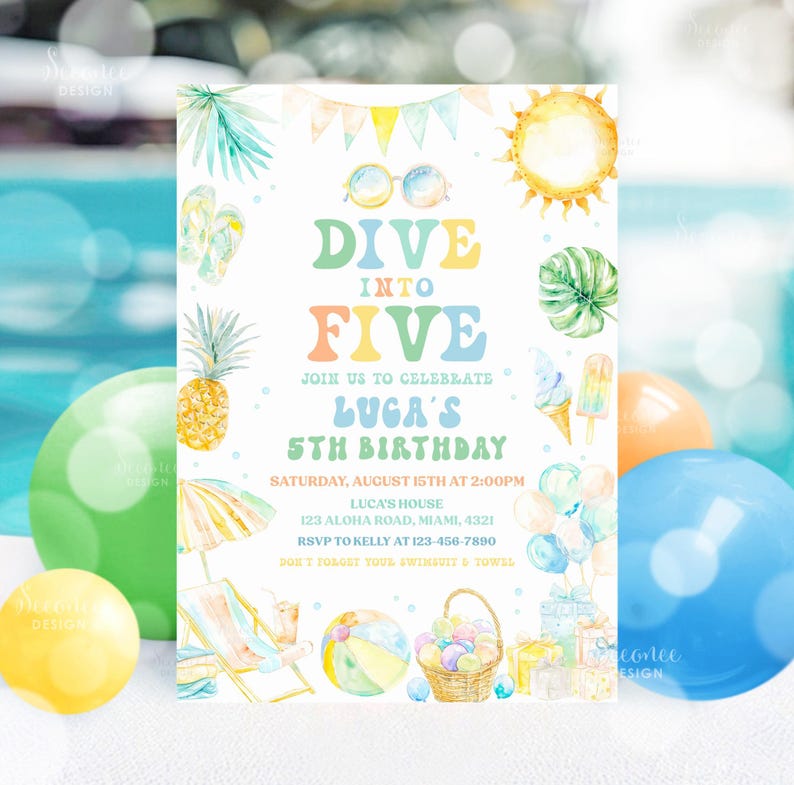 Editable Dive Into Five 5th Birthday Party Invitation Tropical Summer ...