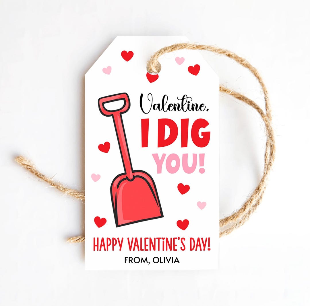 I Dig You Valentine's Day Tag Red Shovel Tag Kids Valentines Gift Card ...