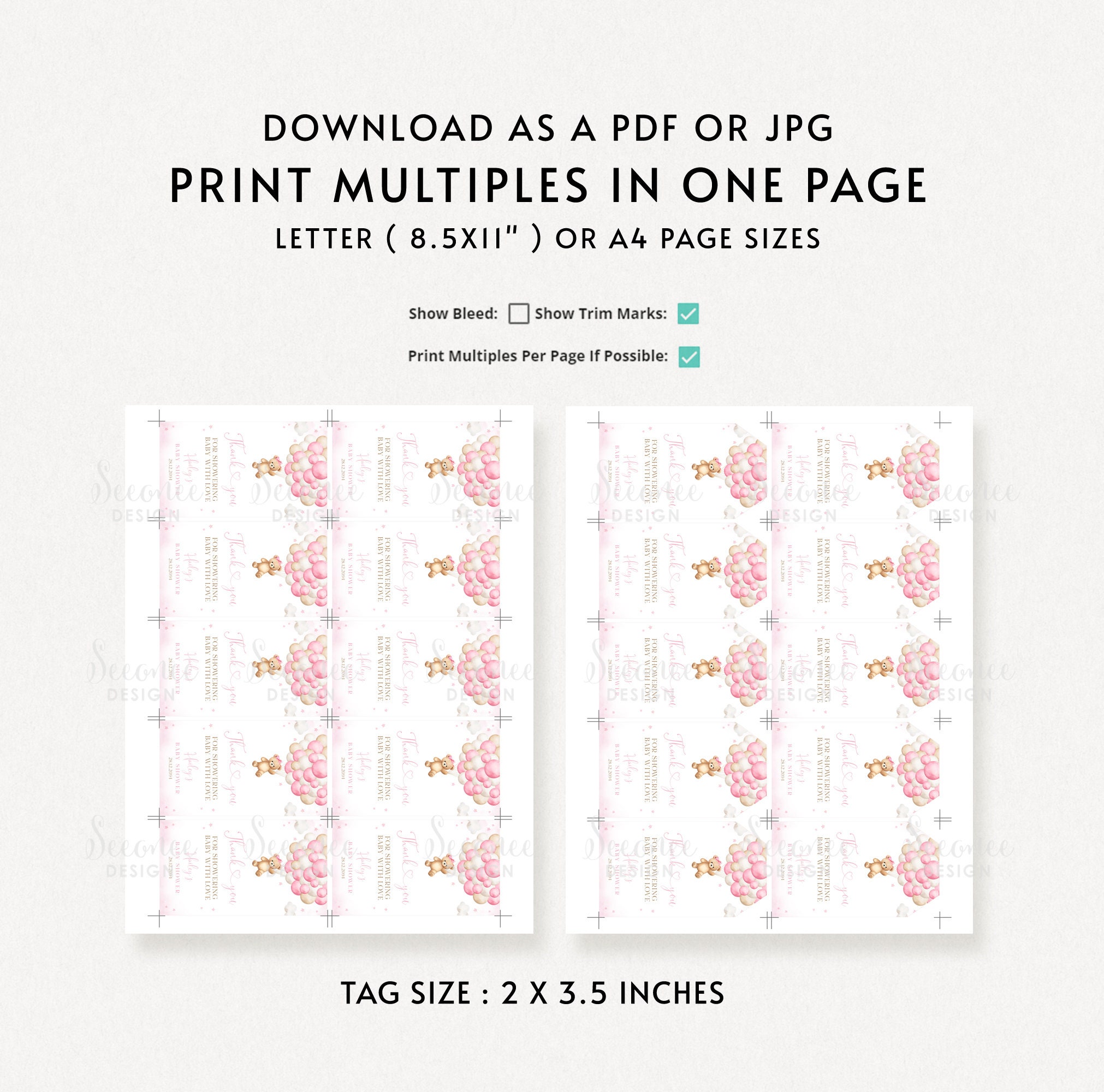 Editable Pink Girl Teddy Bear Baby Shower Thank You Tag, Printable Boho ...