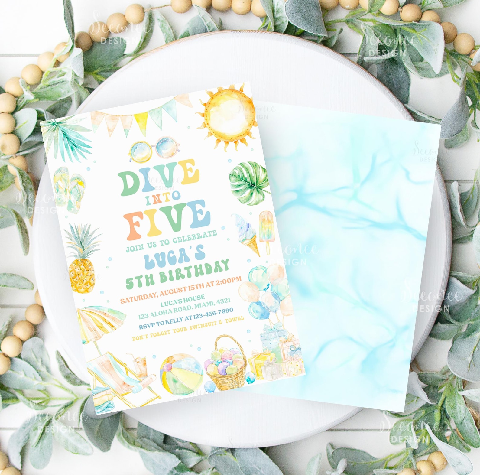 Editable Dive Into Five 5th Birthday Party Invitation Tropical Summer ...