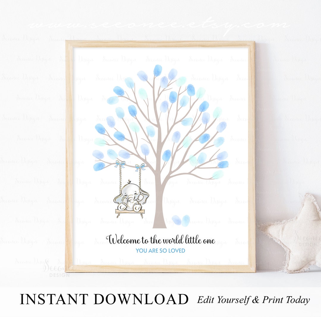 Blue Elephant Baby Shower Fingerprint Tree Guestbook Sign, Editable ...