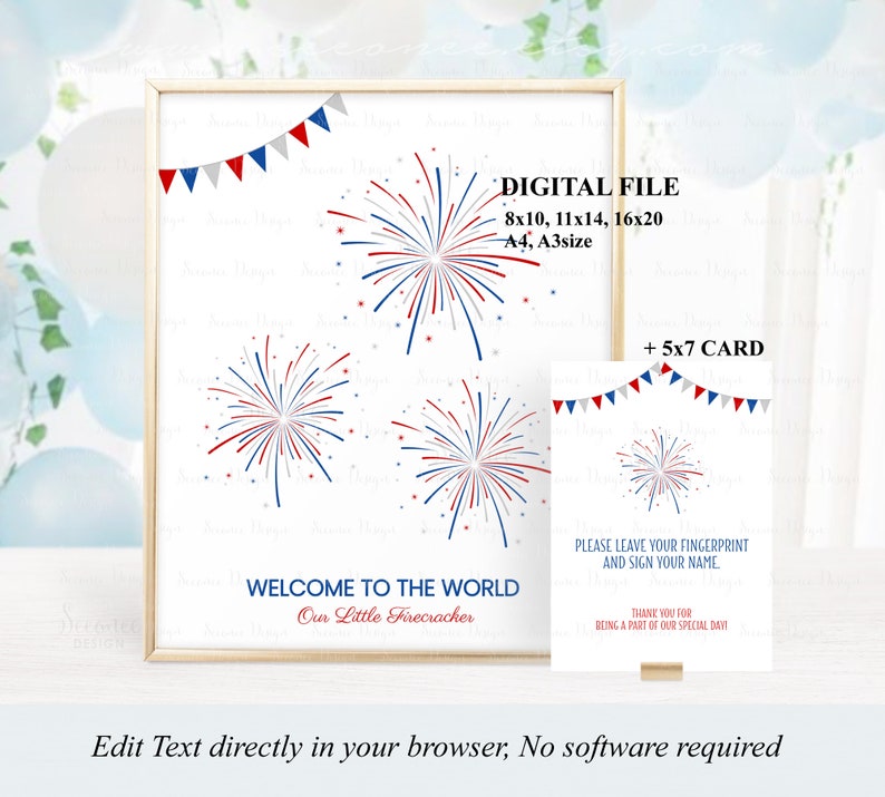 INSTANT DOWNLOAD Editable Red Blue Fireworks Baby Shower Fingerprint ...