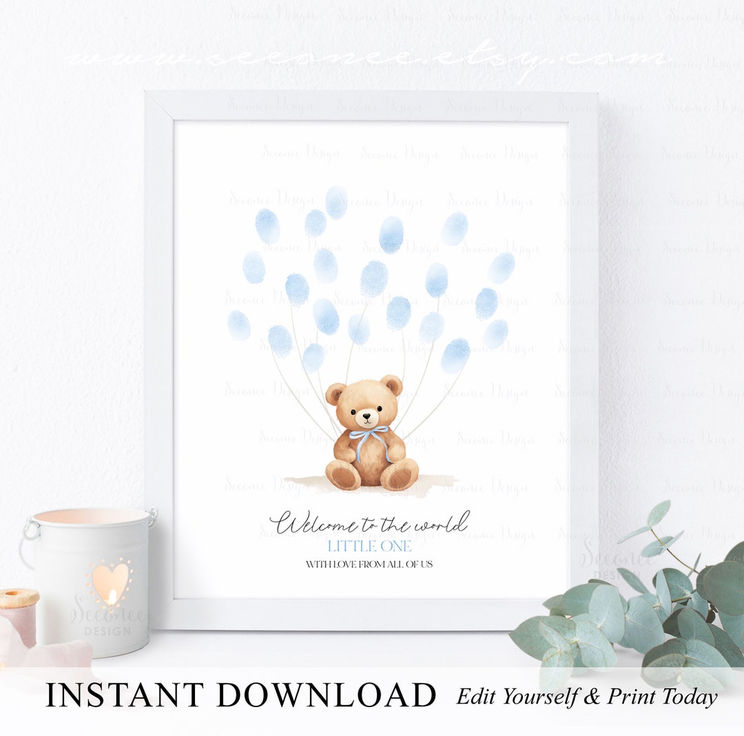 Blue Teddy Bear Balloon Baby Shower Fingerprint Guest Book Sign, Brown ...