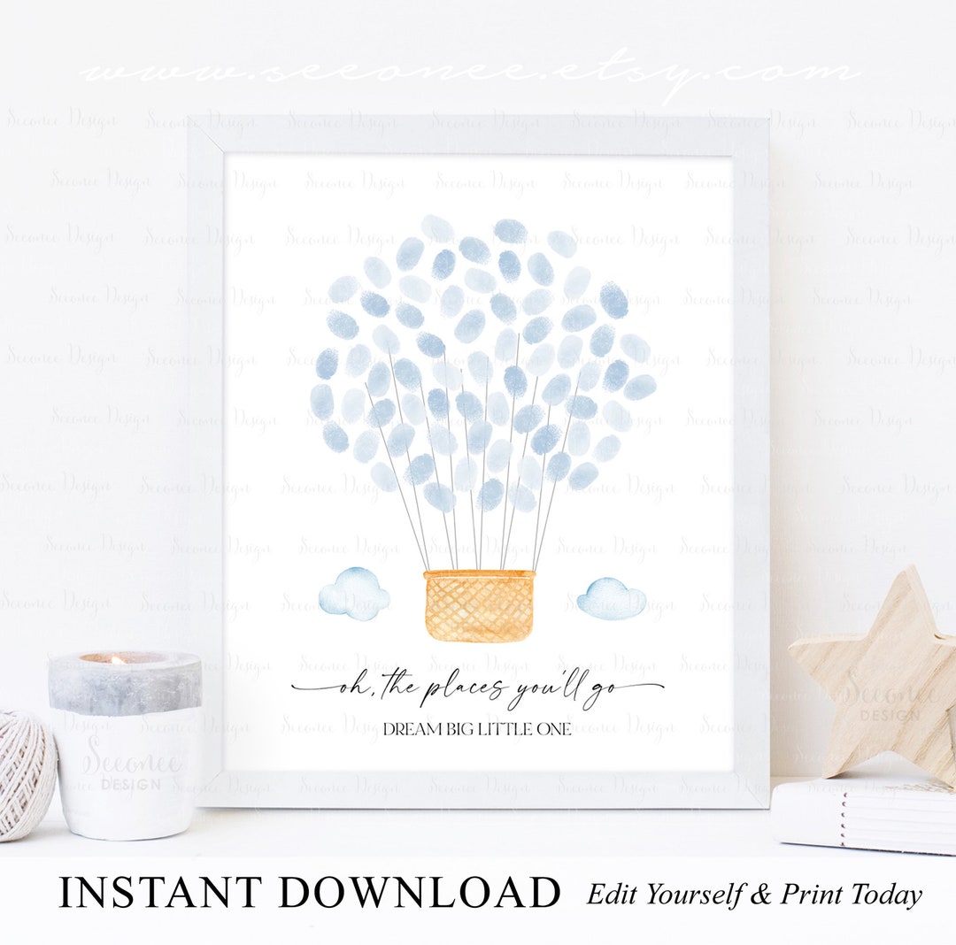 Editable Hot Air Balloon Party Fingerprint Guestbook Sign, Oh the ...