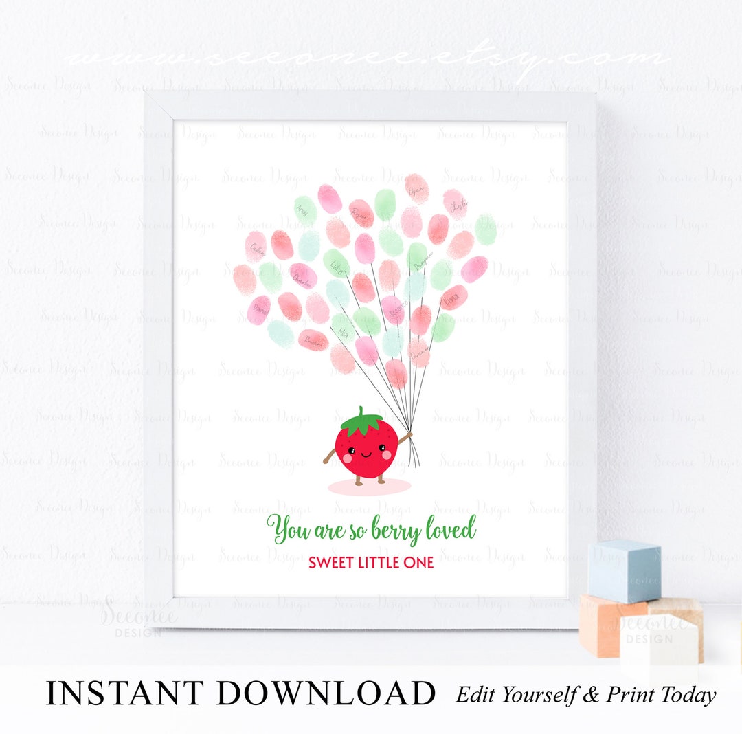 Editable Strawberry Fingerprint Guestbook, Cute Strawberry Birthday ...