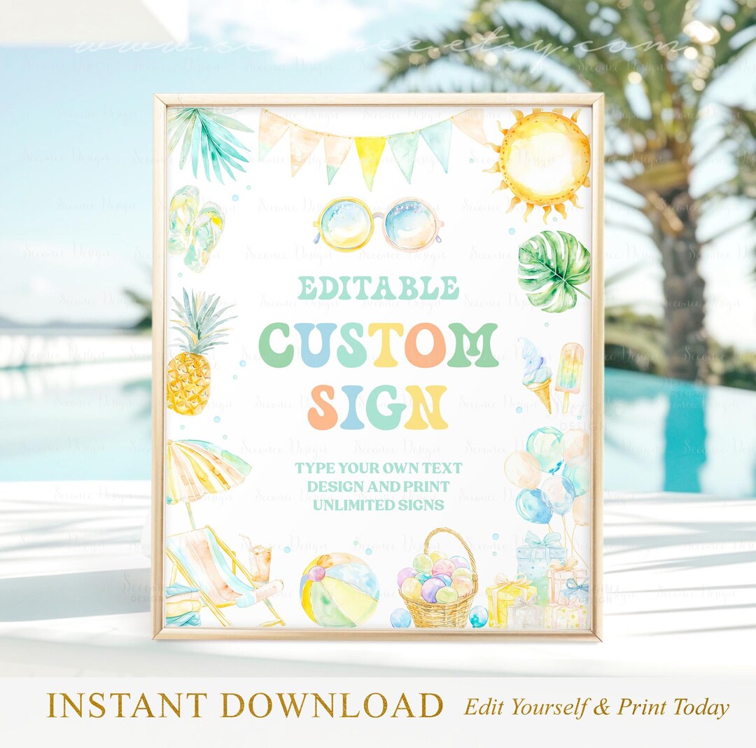 Editable Pool Party Custom Sign Tropical Splish Splash Pool Party Bash ...