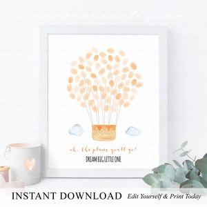 Editable Orange Hot Air Balloon Party Fingerprint Guestbook, Oh the ...