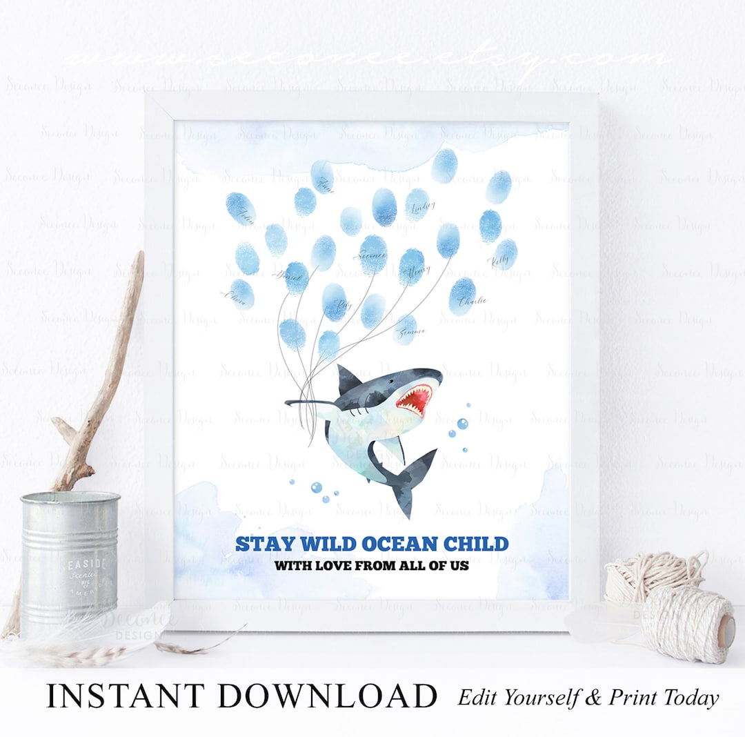INSTANT DOWNLOAD Editable Shark Theme Party Fingerprint Guestbook Sign ...