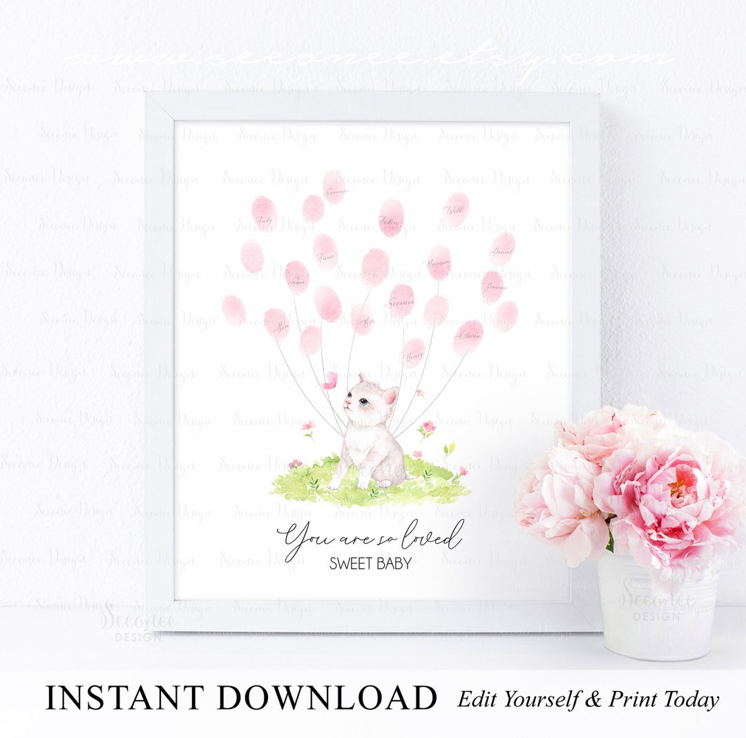 INSTANT DOWNLOAD Editable Cute Kitten Birthday Fingerprint Guest Book ...