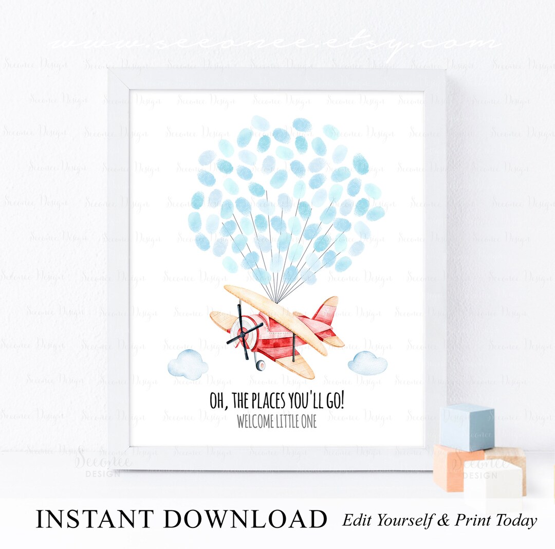INSTANT DOWNLOAD Editable Red Airplane Baby Shower Thumbprint Guestbook ...