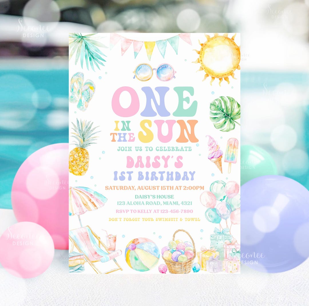 Editable One in the Sun 1st Birthday Party Invitation Tropical Summer ...
