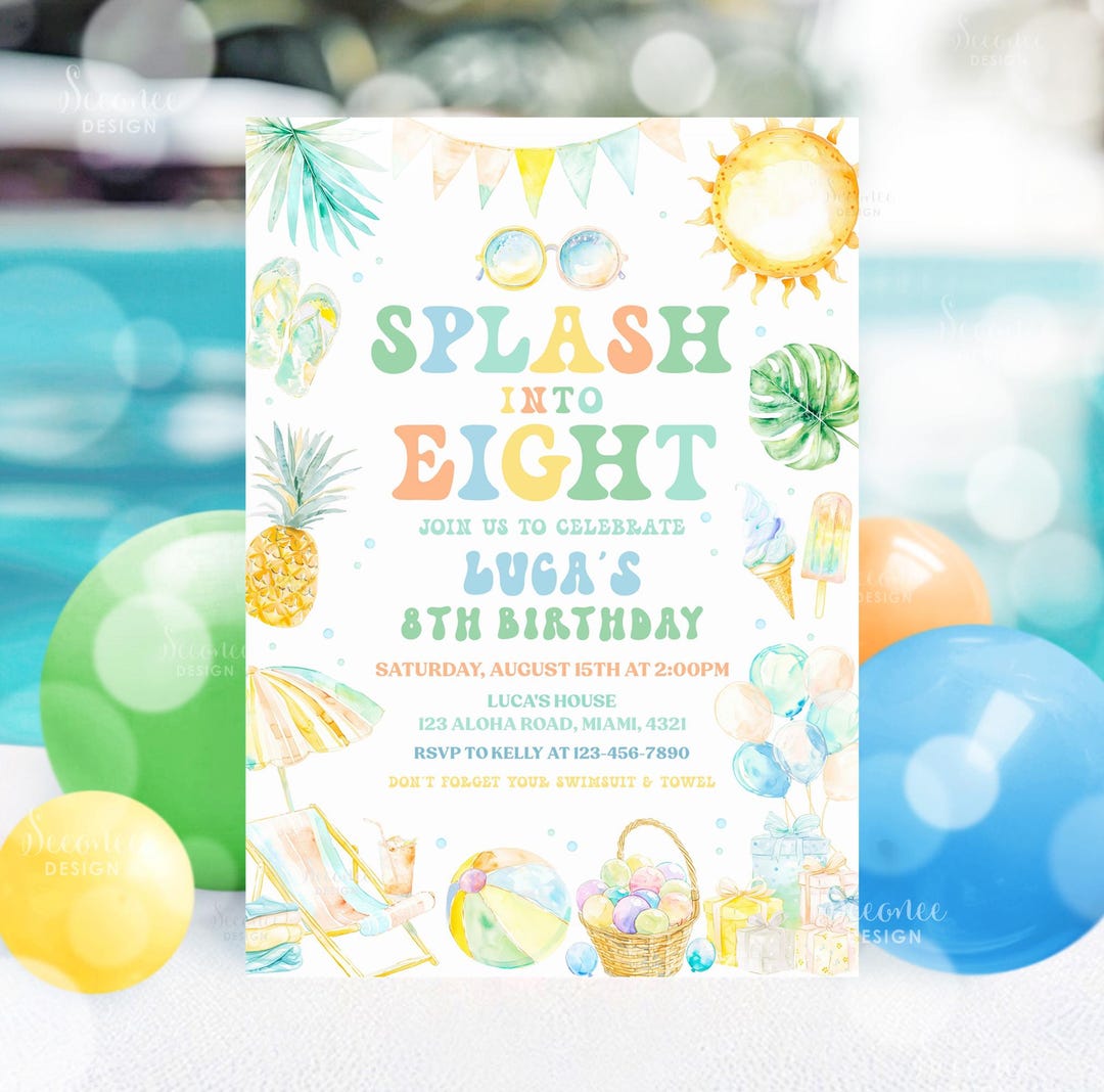 Editable Splash Into Eight 8th Birthday Pool Party Invitation Summer ...